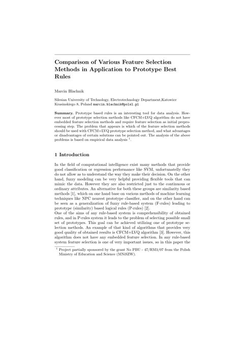 pdf comparison of various feature selection methods in application to