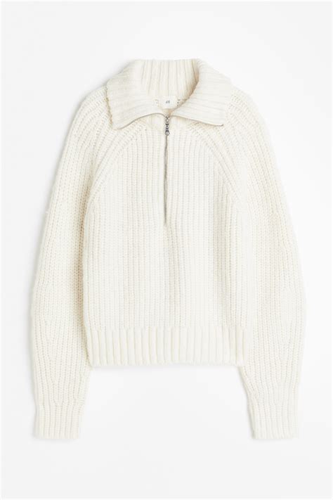 Zip Top Rib Knit Jumper Cream Ladies Handm Gb