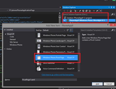 C How To Get Windows Phone Pivot Page When Add New Item In Solution Explorer Stack Overflow