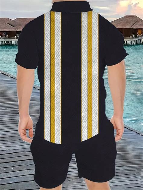 Големи размери Мъжка тениска и шорти на райета за Temu Bulgaria