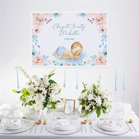 PLAKAT na Chrzest Chłopiec w Kwiatach Z IMIENIEM 50x70cm