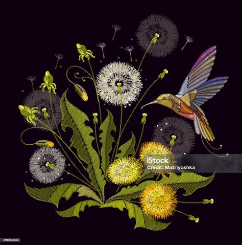 허 밍 버드와 민들레 꽃 자 수입니다 허 밍 버드와 열 대 조류 허 밍 버드 클래식 스타일 자 수 서식 파일 깃털에 대한 스톡 벡터 아트 및 기타 이미지 Istock