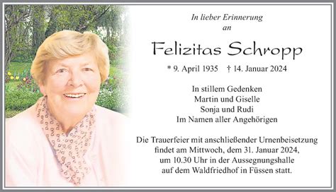Traueranzeigen Von Felizitas Schropp Augsburger Allgemeine Zeitung