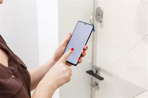 Smart House Home Automation Device With App Icons Woman Uses