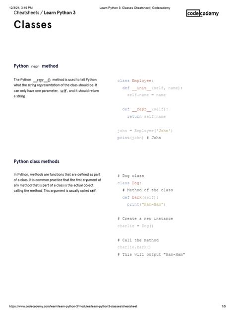 Learn Python 3 Classes Cheatsheet Codecademy Pdf Class Computer Programming