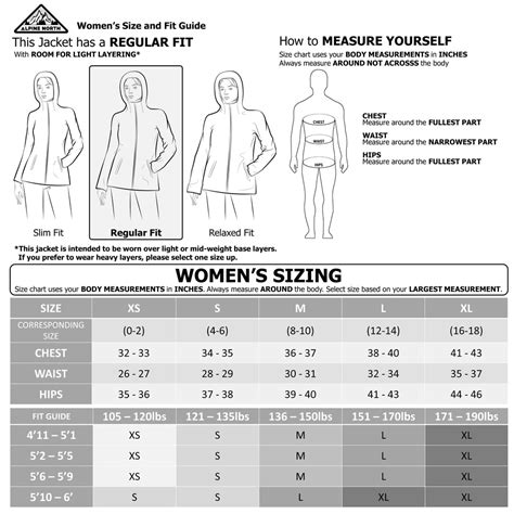 Size Chart Womens Regular Alpine North Ca