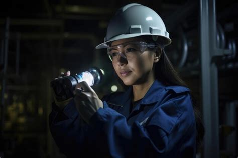 Premium AI Image Asian Woman Petrochemical Engineer Examining Pipeline Valves In A Large