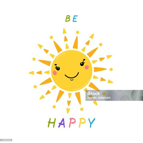작은 귀여운 미소 태양 아이콘과 행복해단어와 함께 아이들을위한 티셔츠 인쇄 디자인 만화 낙서 재미 태양 얼굴 벡터 일러스트 레이션 스칸디나비아 보육 인쇄 또는 포스터 디자인