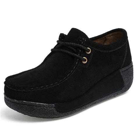 Punklens Autumn Women Platform Black Flat Suede Leather Moccasins Shoes