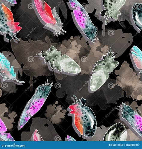 Watercolor Birds Feathers Pattern Seamless Texture With Hand Drawn