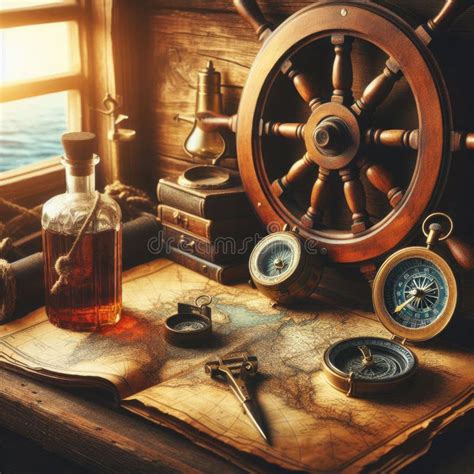 Old Maritime Navigation Map With Compass And Sextant Stock