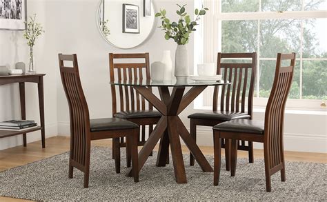 Hatton Round Dark Wood And Glass Dining Table With Java Chairs Brown Leather Seat Pad