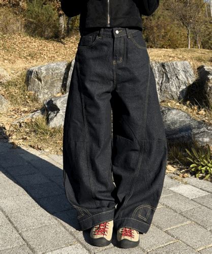[핏예쁨주의🔥]포켓 레터링 벌룬 와이드 절개 생지 데님 팬츠 에이블리