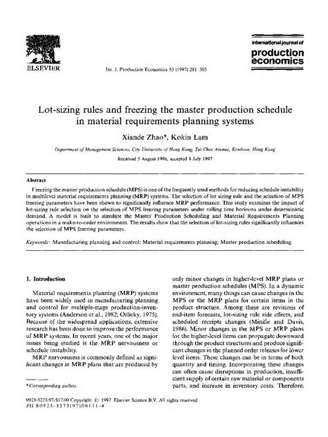 Pdf Lot Sizing Rules And Freezing The Master Production Schedule In