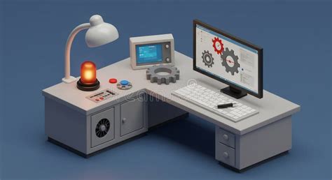 Isometric Desk Setup With Computer And Control Panel Stock Illustration Illustration Of Dial