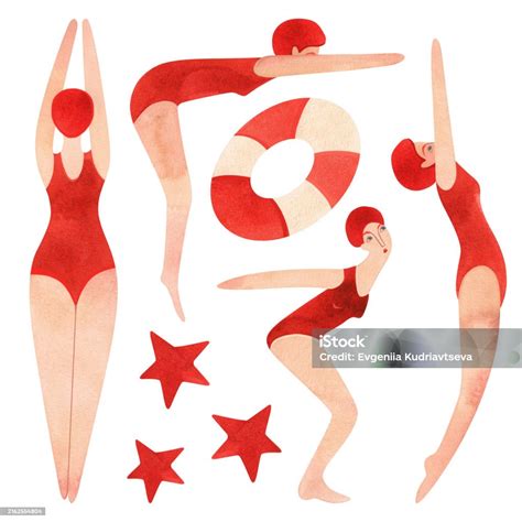선수 세트 수영 선수와 다이버 빨간 수영복과 빨간 수영 모자를 쓴 여자들 줄무늬 비치 볼과 구명 부표 빈티지 스타일 수채화 고립 된 그림은 졸업장 및 스포츠 인증서 수영장