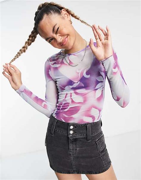 Weekday Mesh Long Sleeve Top In Purple Floral Print Asos
