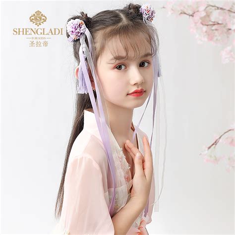 汉服头饰儿童流苏步摇对夹超仙复古女童高端丝带古装女孩紫色发卡虎窝淘