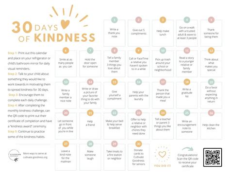 30 Days Of Kindness Calendar Cultivate Goodness