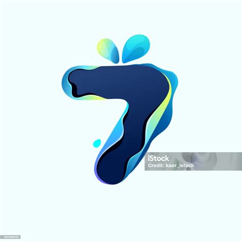 홀로그램 글리치 스타일의 파란색 이슬 방울이있는 일곱 번째 로고 환경 친화적 인 아이콘 7에 대한 스톡 벡터 아트 및 기타