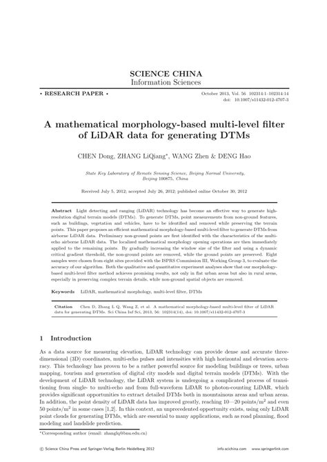 Pdf A Mathematical Morphology Based Multi Level Filter Of Lidar Data For Generating Dtms