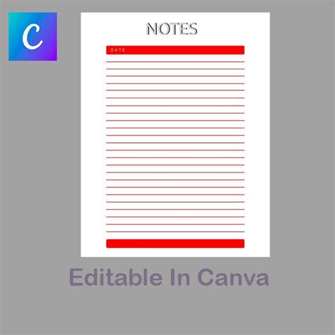 Red Notes Page Printable Printable Notes Page Notes Pad Bundle Note Canva Editable Lined