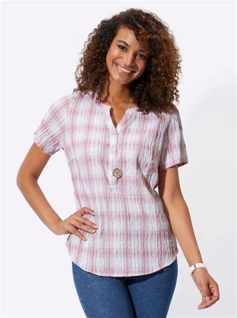 Geruite Blouse Van Strijkvrij Seersucker In Aardbei Ecru Geruit Witt