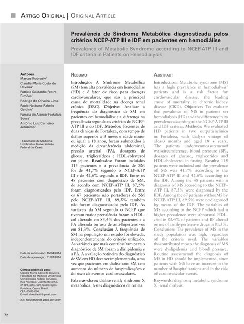 Pdf Prevalence Of Metabolic Syndrome According To Ncep Atp Iii And