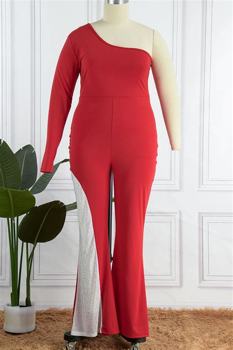 Wholesale Black Sexy Solid Patchwork Hot Drill Oblique Collar Plus Size