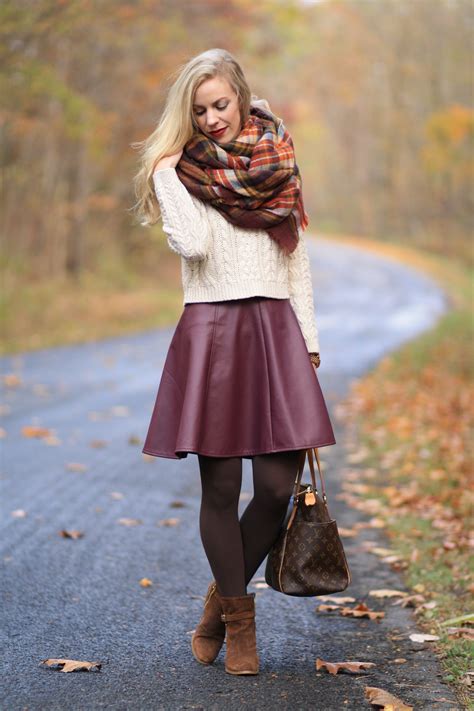 November Colors Cable Sweater Plaid Blanket Scarf Leather Skirt