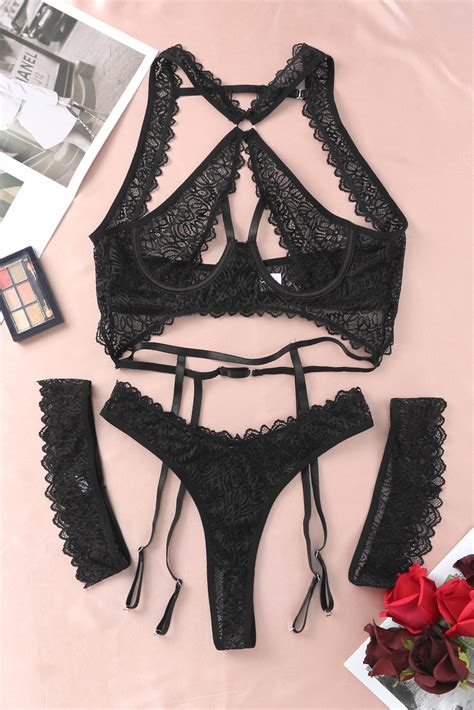 Black 3pcs Open Cup Lace Strappy Lingerie Set Dvl Shop