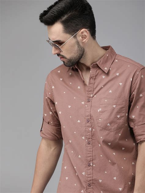 Buy The Roadster Lifestyle Co Men Mauve And White Printed Pure Cotton