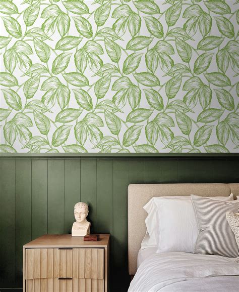 Shop Sketched Leaves Peel And Stick Wallpaper In Greenery Burke Decor