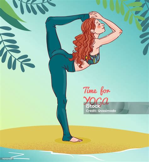 귀여운 요가를 연습하는 젊은 여성 여름 풍경 배경 스톡 일러스트레이션 모래에 대한 스톡 벡터 아트 및 기타 이미지 모래 요가 자연 Istock