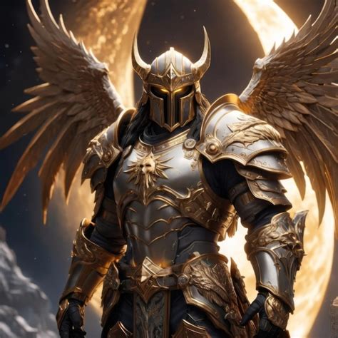 A Knight In A Gold Armor Stands In Front Of A Moon Premium Ai