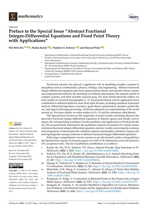 Pdf Preface To The Special Issue Abstract Fractional Integro Differential Equations And Fixed