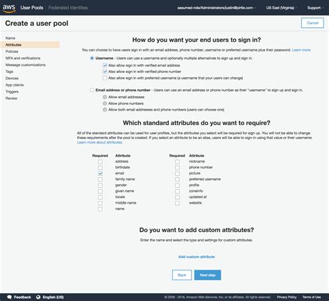creating cognito user pool