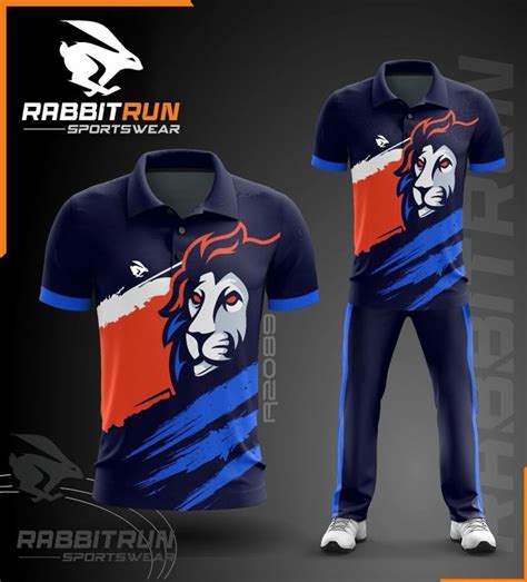 An Image Of A Polo Shirt And Pants With A Lion On The Front In Blue Red