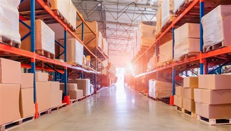A Large Warehouse With Numerous Items Rows Of Shelves With Boxes Stock