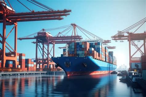 Container Ship At The Berth In Cargo Terminal Of The Port Under Loading Port Cranes Load