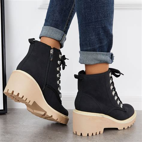 Waterproof Platform Wedge Ankle Work Boots Lace Up Hiking Combat Boots