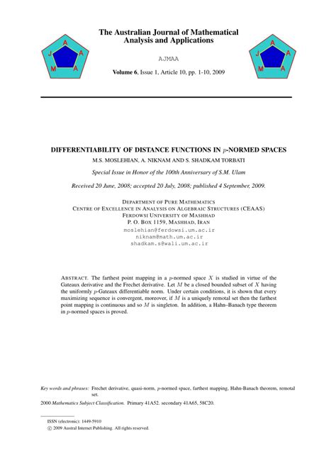 Pdf Differentiability Of Distance Function In P Normed Spaces