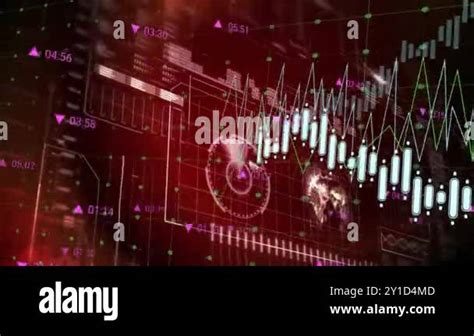 Animating Financial Data Charts And Graphs Over Red Background With