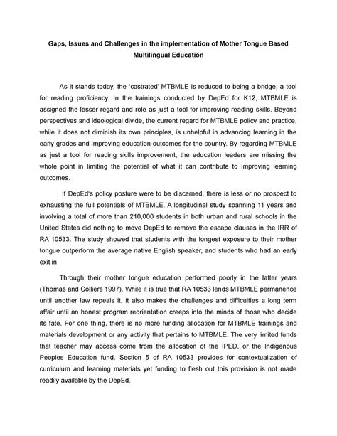 Gaps Issues And Challenges In The Implementation Of Mother Tongue