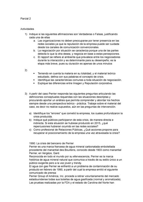 Parcial 2 Manejo De Crisis Parcial 2 Actividades 1 Indique Si Las