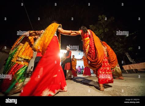 Group Of Indian Womans Wearing Colorful Saris Performing A Traditional Kumaoni Dance At Chotti