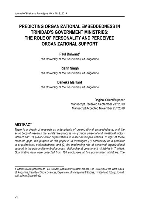 Pdf Predicting Organizational Embeddedness In Trinidads Government Ministries The Role Of
