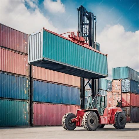 Container Handler Forklift Lifting In Shipping Yard Crane Lifting Up