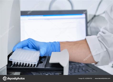 Researcher Putting Pcr Plate Thermal Cycler Dna Amplification Curve