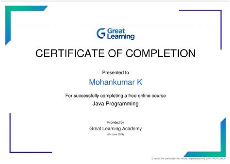 Completed Java Programming Course On Great Learning Mohankumar K